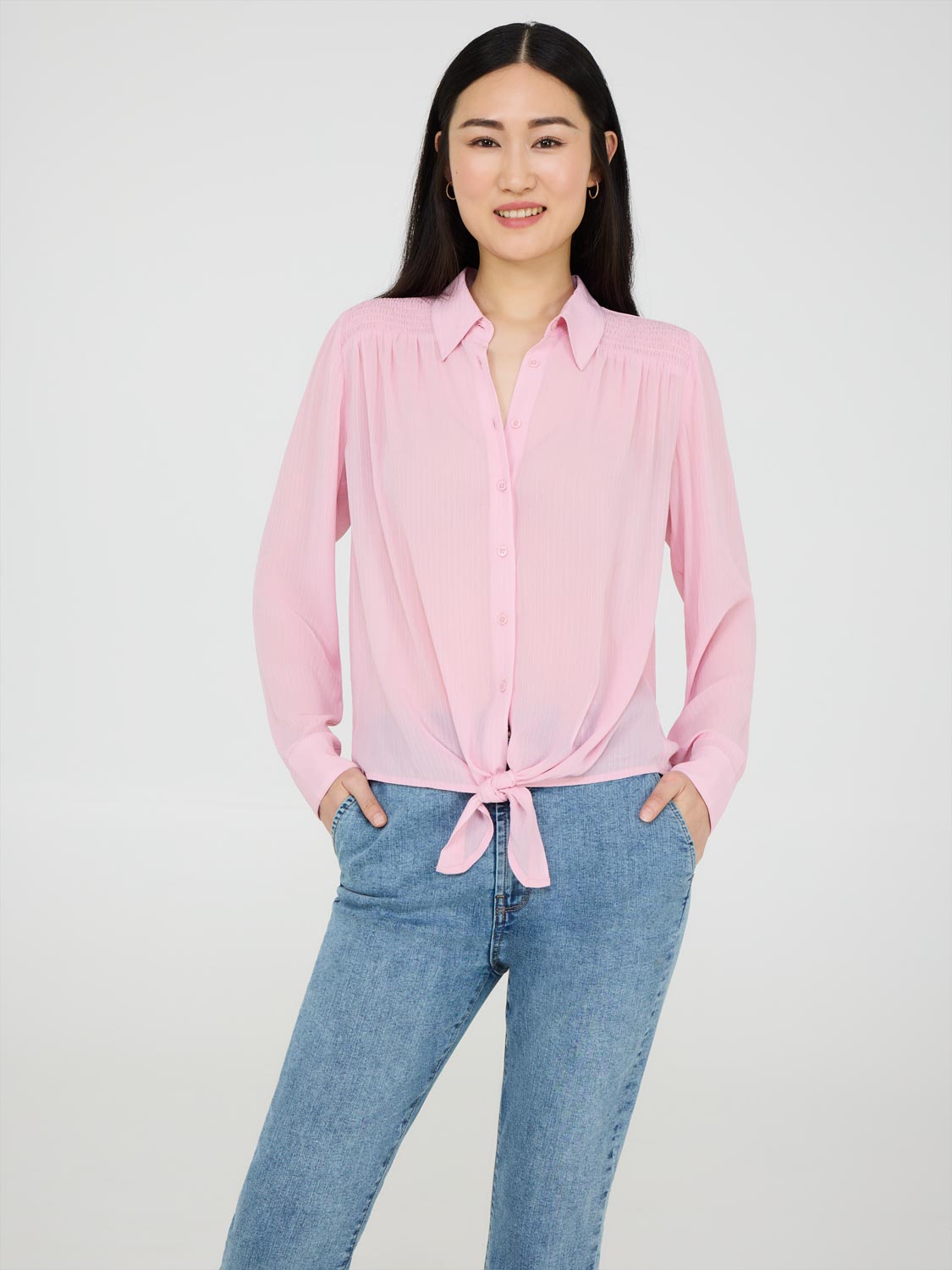 Button-Front Blouse With Tie Front – Suzy Shier