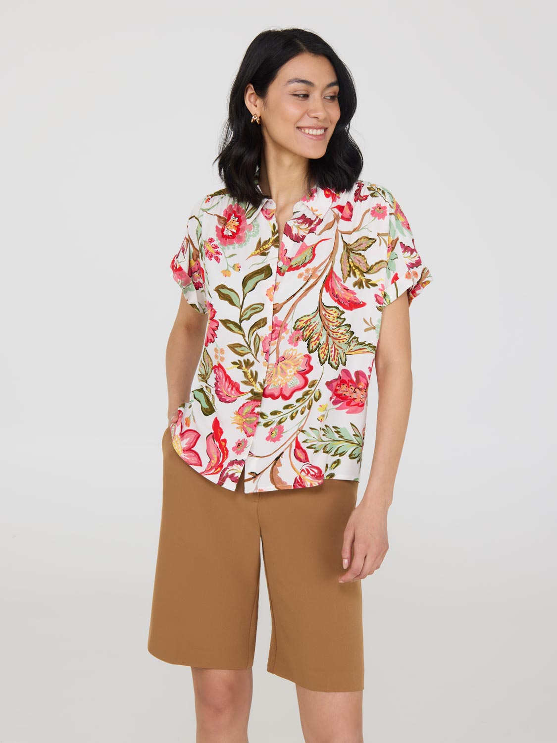 Printed Button-Front Bowling Shirt – Suzy Shier