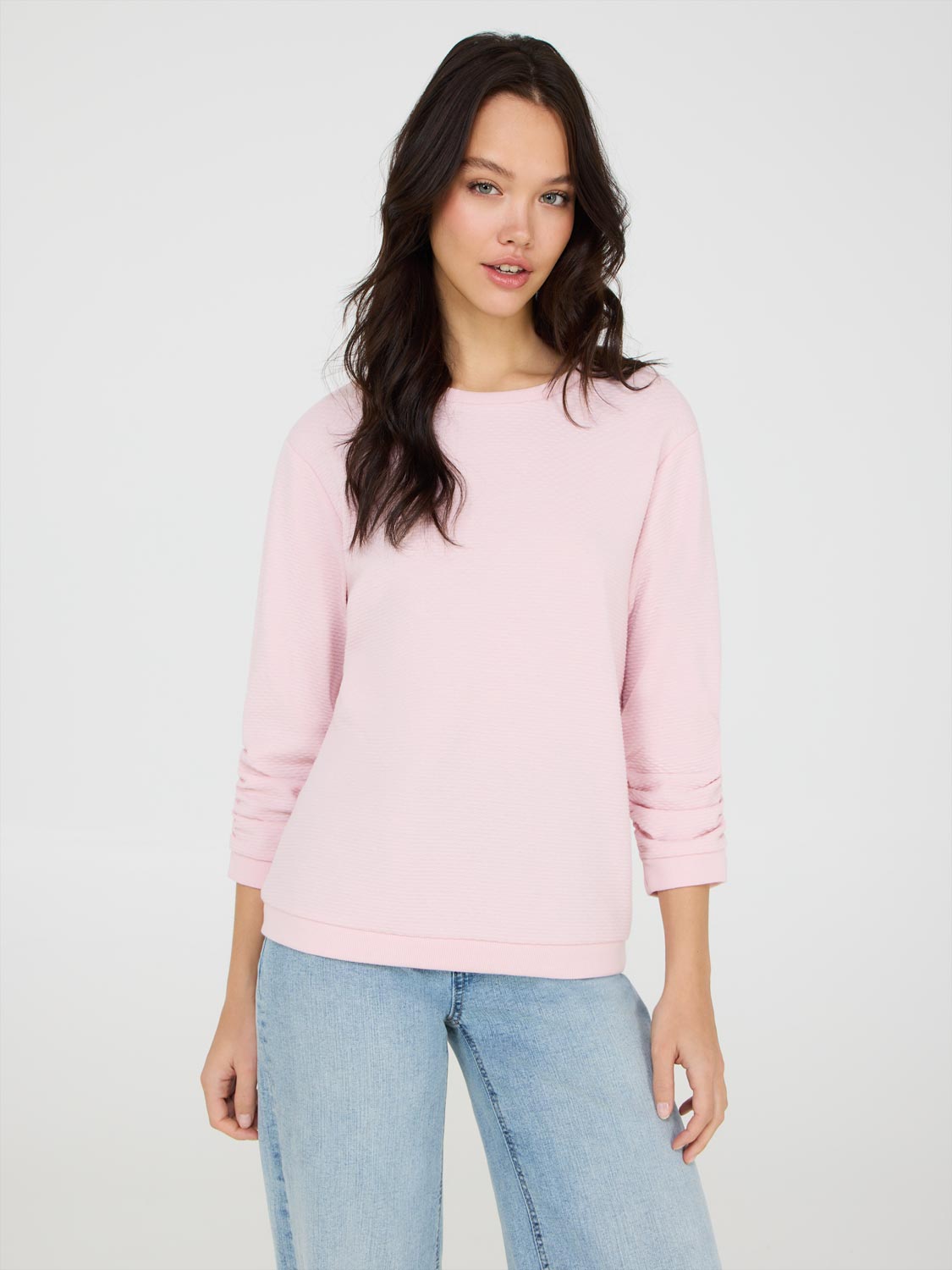 3/4 Ruched Sleeve Jacquard Sweatshirt – Suzy Shier