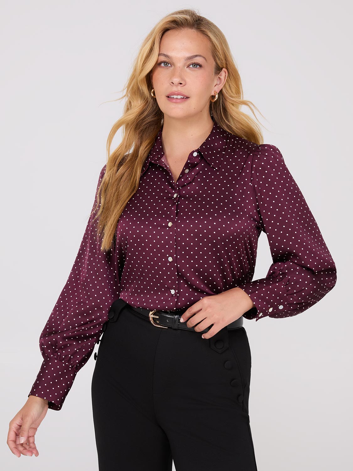 Dot Print Satin Volume Sleeve Button-Front Blouse – Suzy Shier