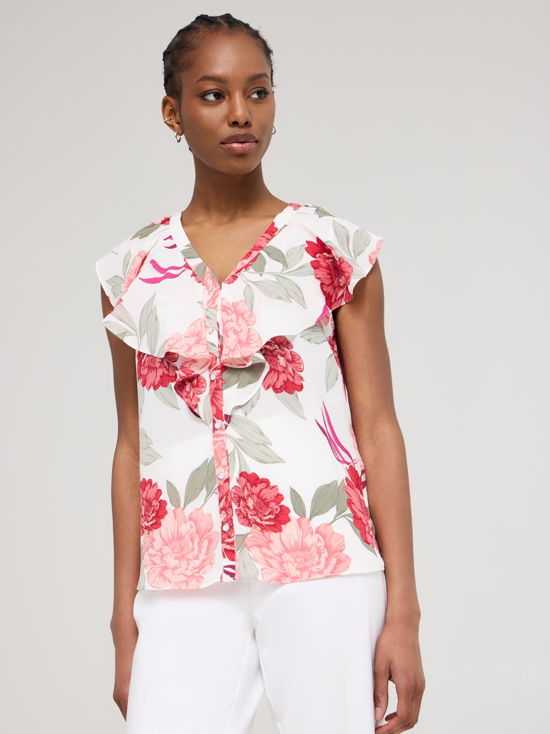Sleeveless Floral Ruffle Button-Front Blouse – Suzy Shier