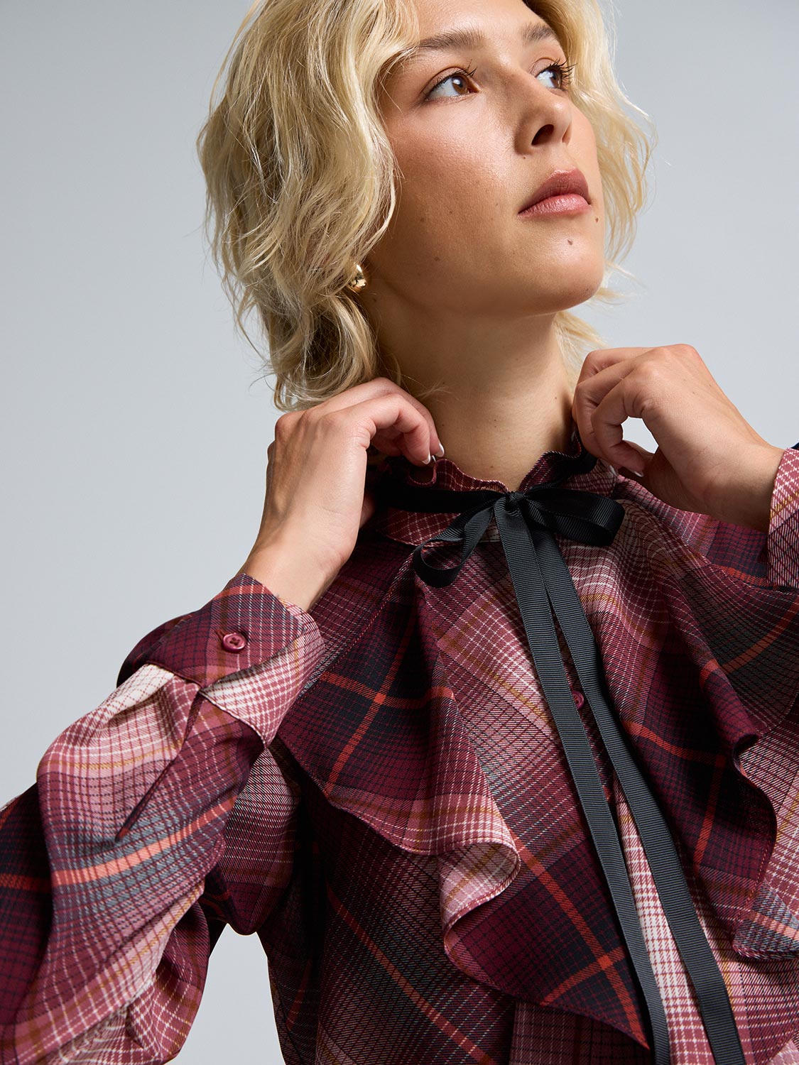 Plaid Ruffle Button-Front Chiffon Blouse – Suzy Shier