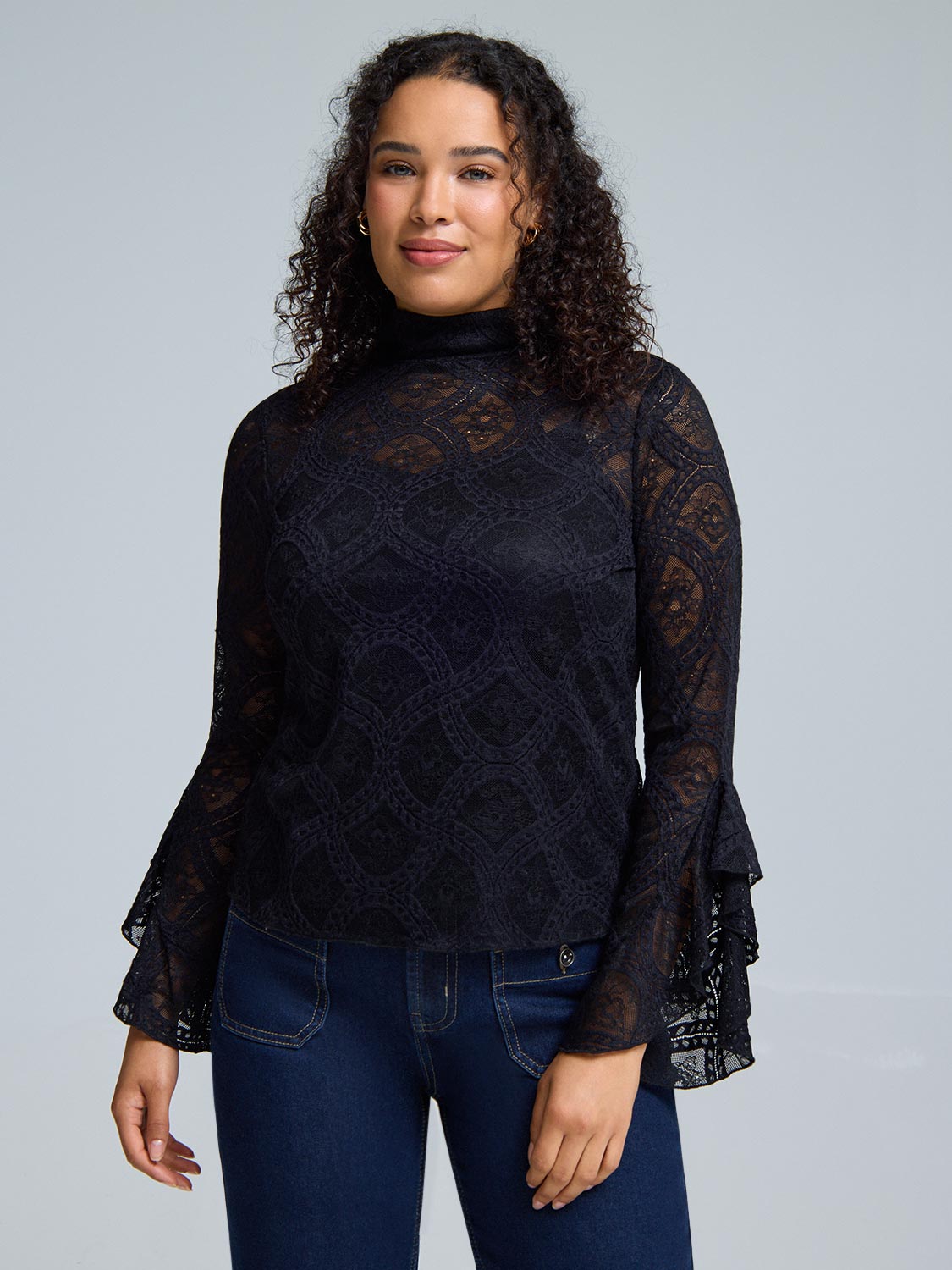 Ruffle Sleeve Mock Neck Lace Top – Suzy Shier