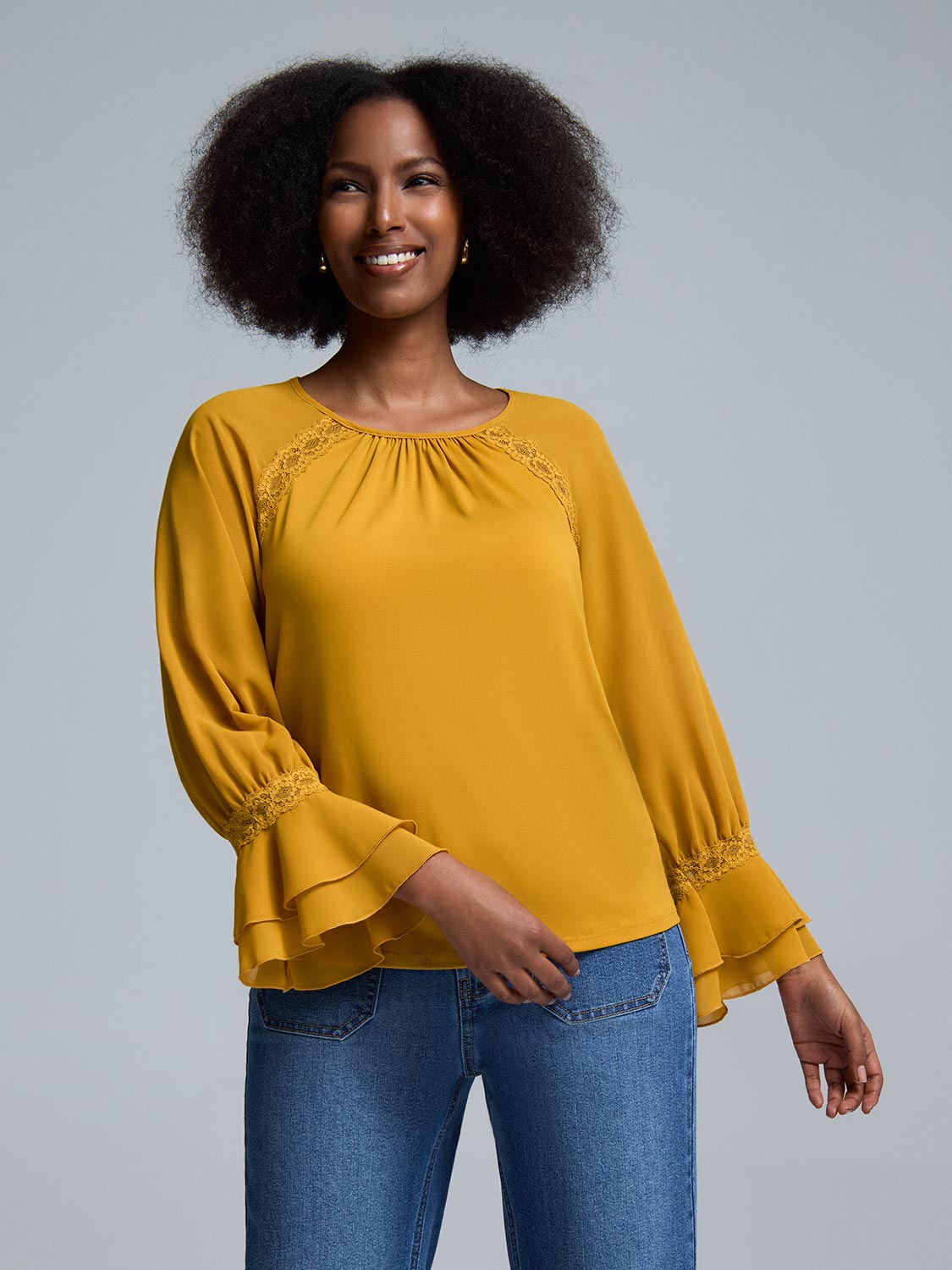 3/4 Chiffon Ruffle Sleeve Lace Top – Suzy Shier