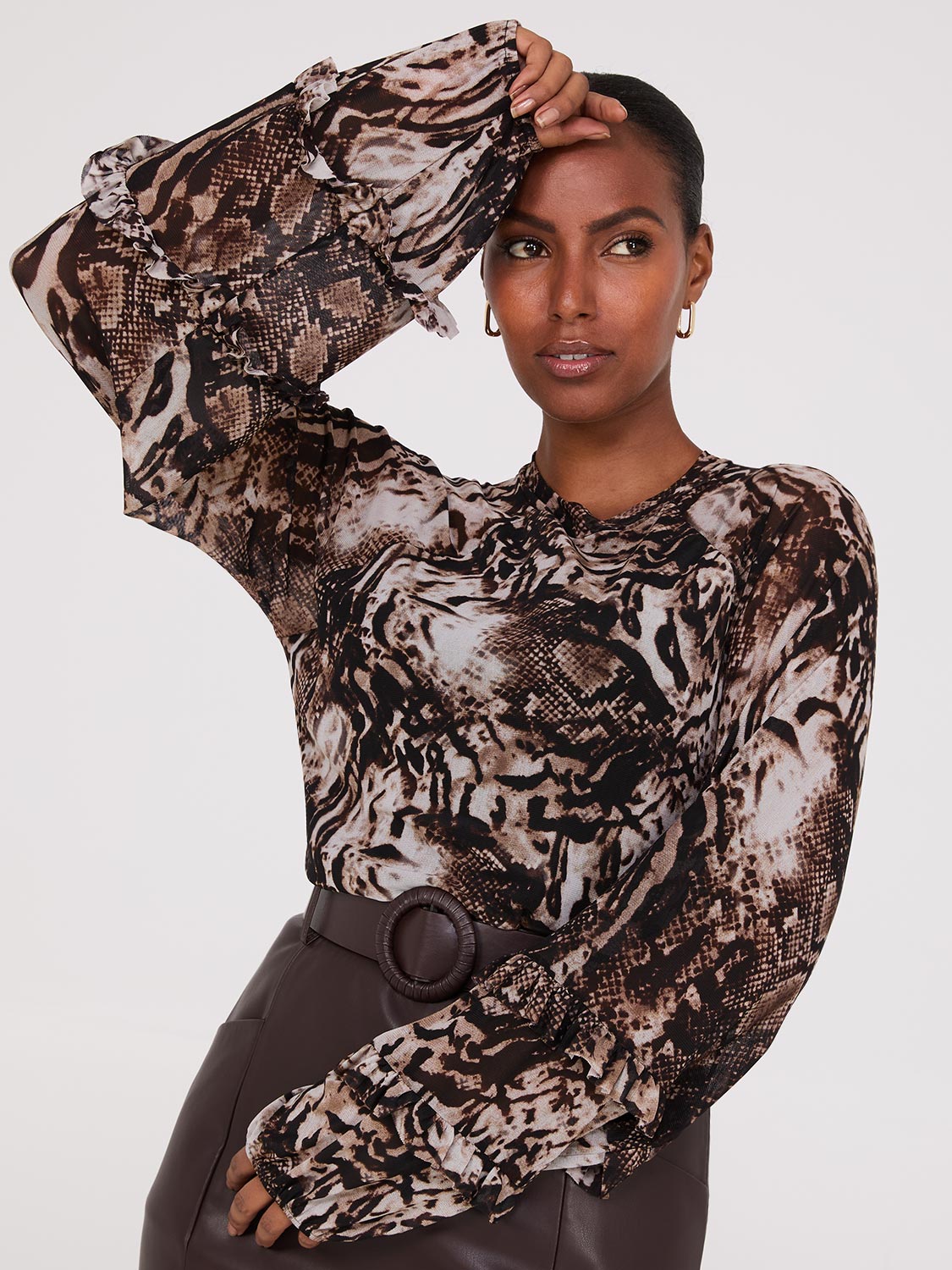 Animal Print Mesh Top With Ruffle Details – Suzy Shier