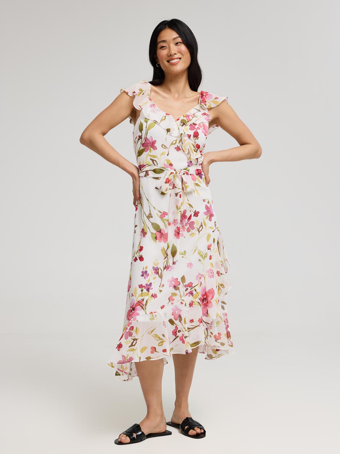 Floral Ruffle Wrap Front Chiffon Dress – Suzy Shier