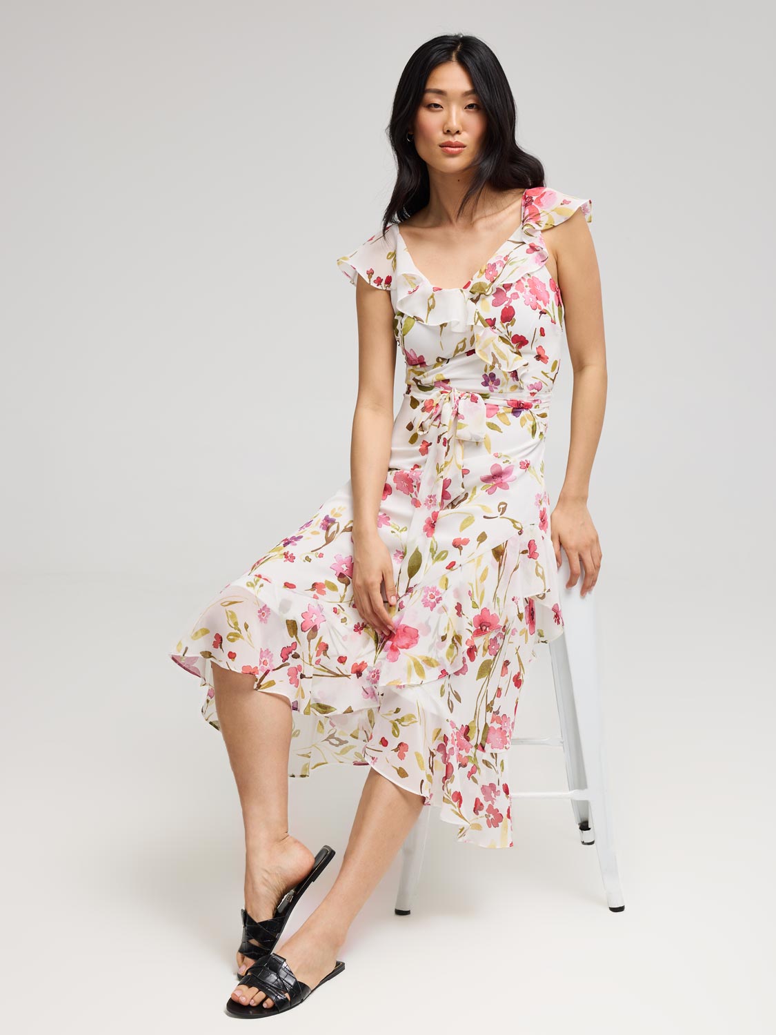 Floral Ruffle Wrap Front Chiffon Dress – Suzy Shier