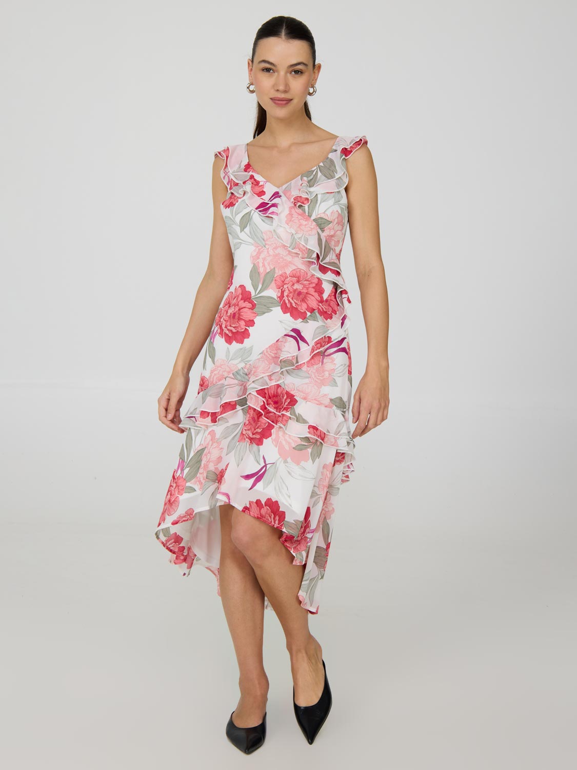 Floral High-Low Ruffle Chiffon Dress – Suzy Shier