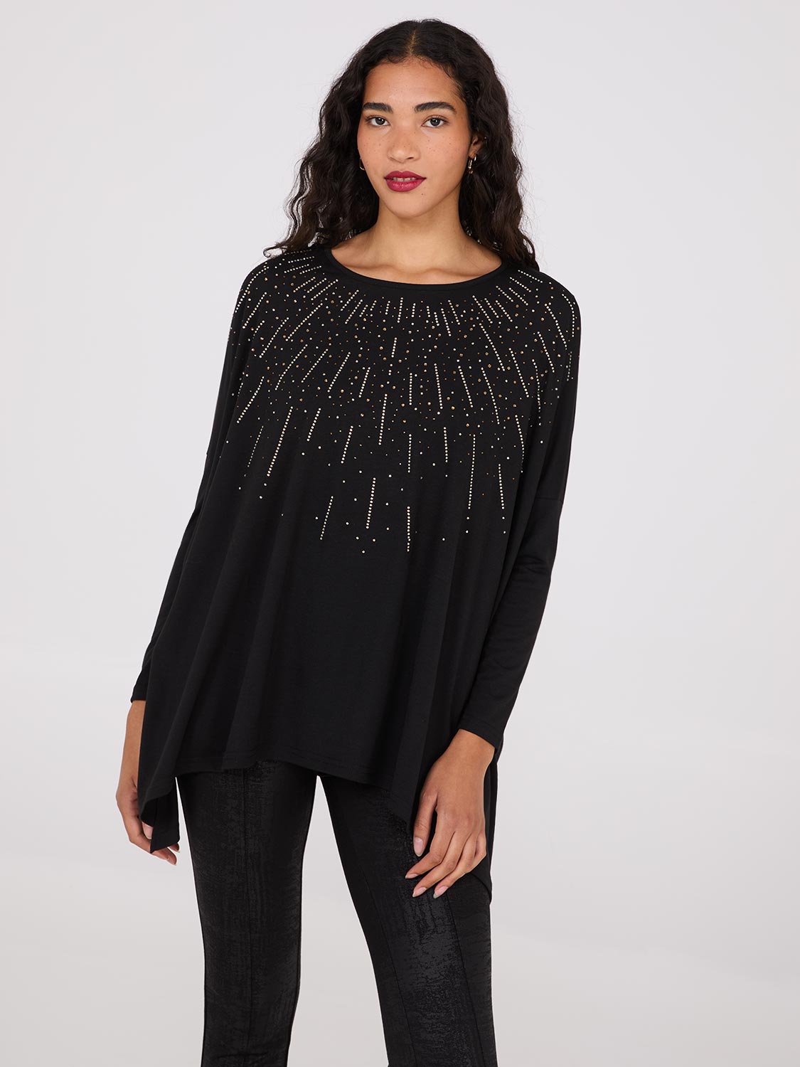 Rhinestone Tunic Top - Handkerchief Hem | Suzy Shier