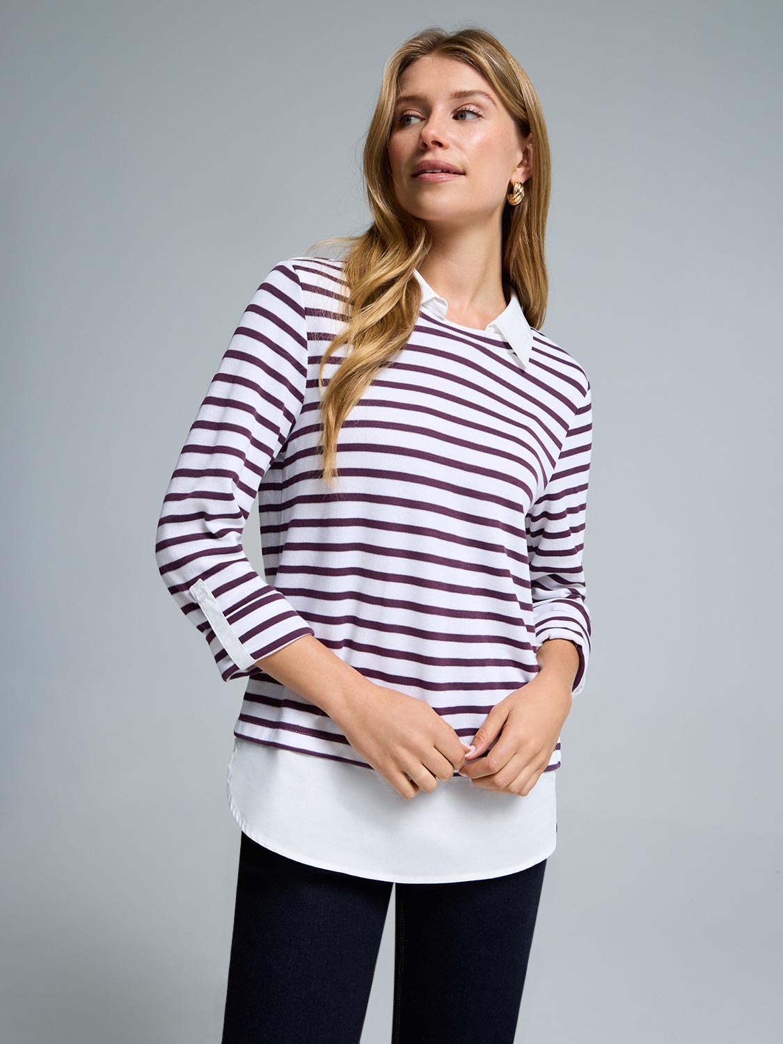2-Fer Striped Sweater With Cotton Blouse – Suzy Shier