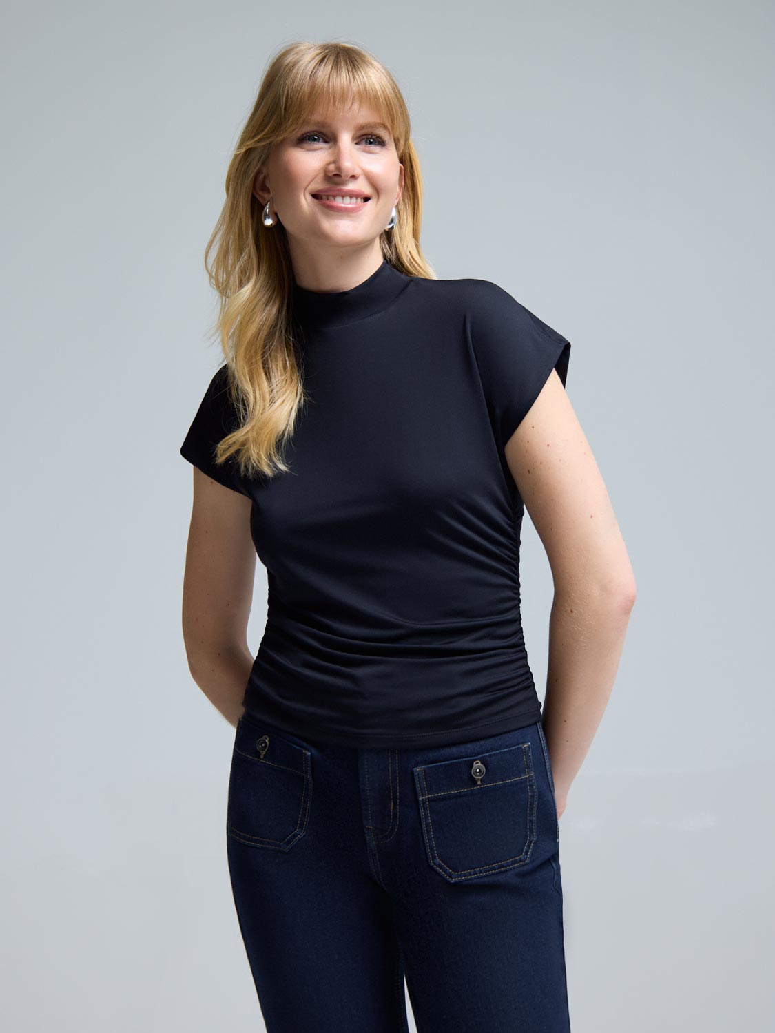 Double Layer Ruched Mock Neck Top – Suzy Shier