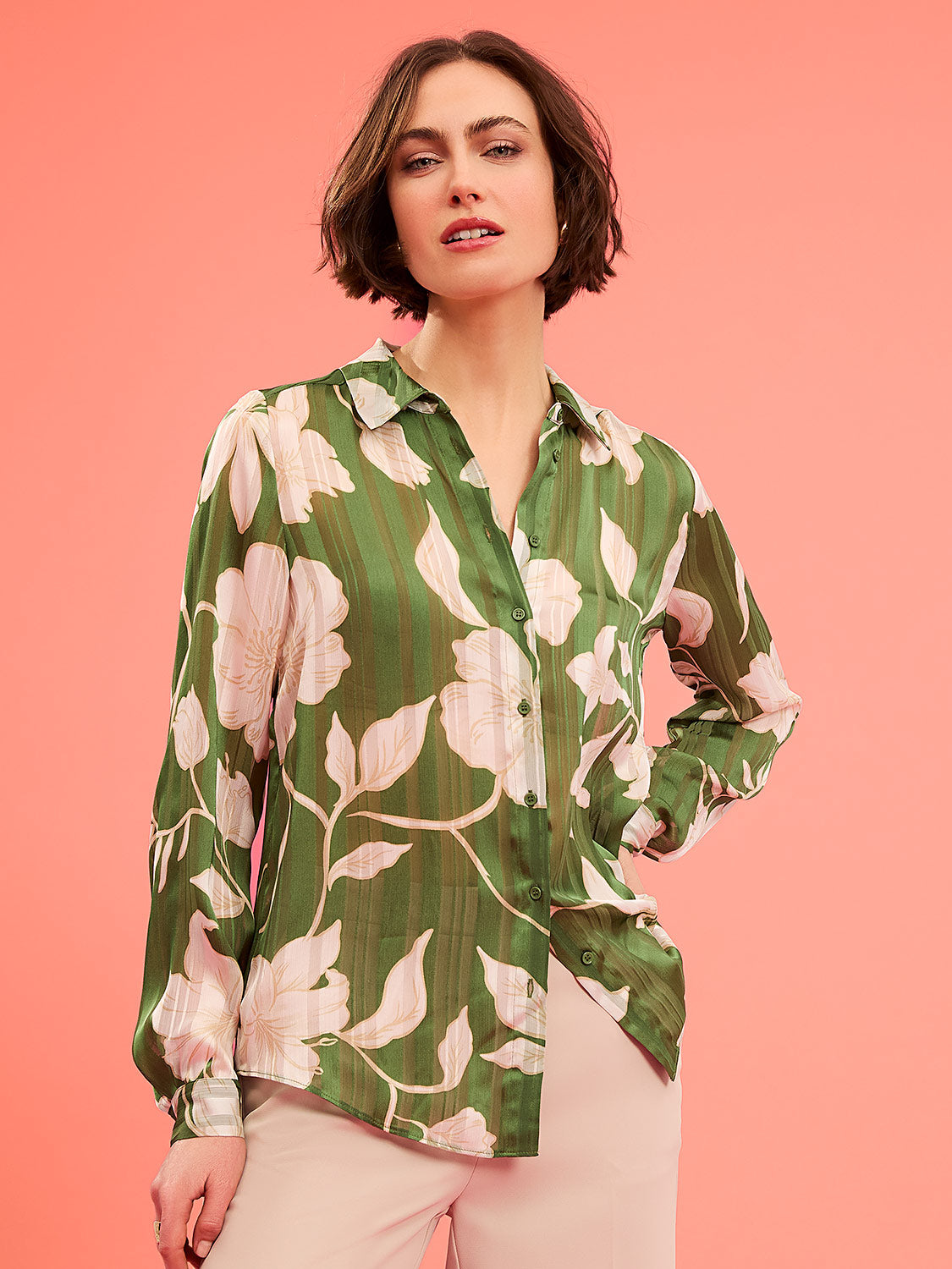 Printed Shadow Stripe Button-Front Blouse – Suzy Shier